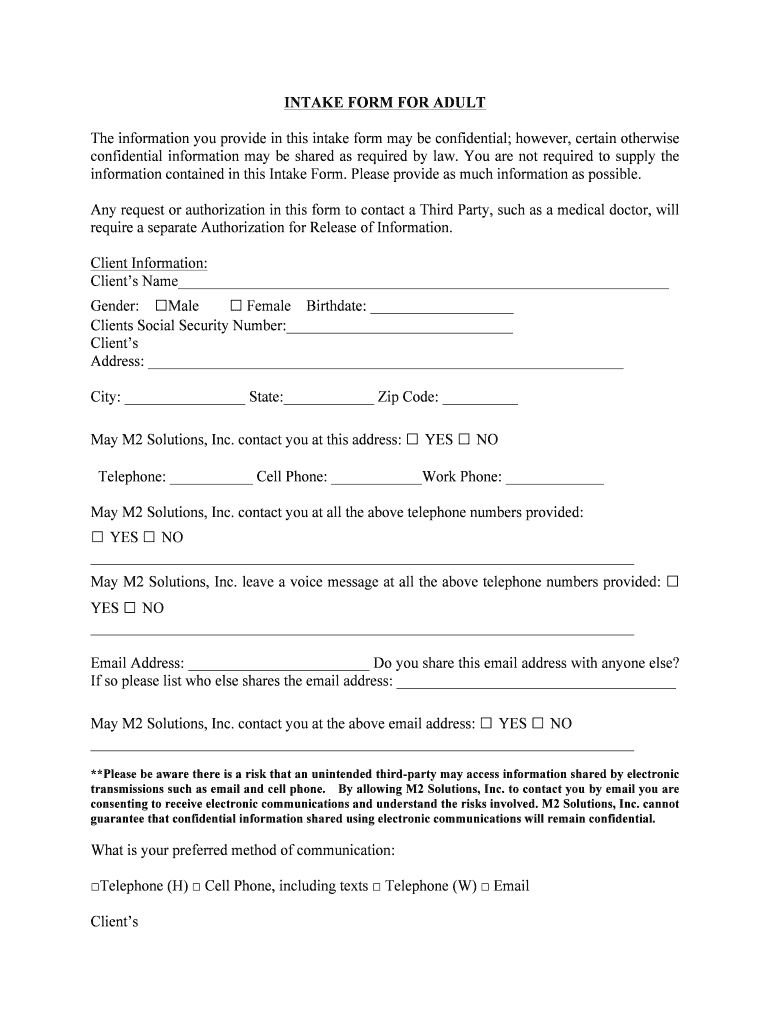 Fillable Online Adult Intake Formrtf Fax Email Print - pdfFiller