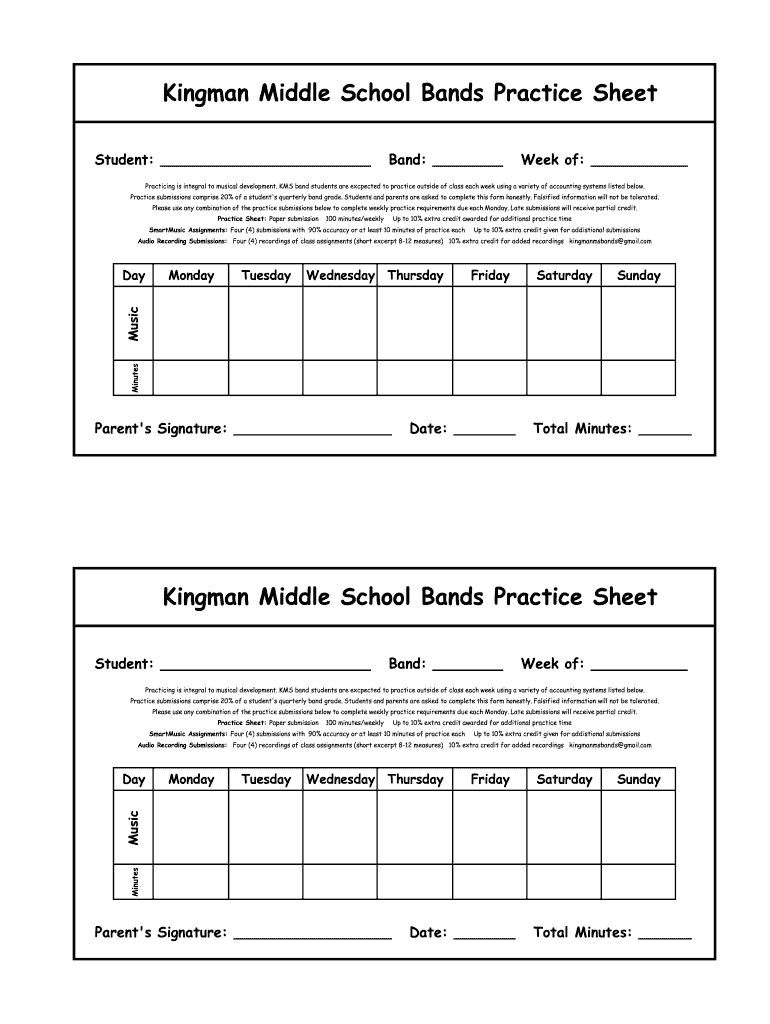 Fillable Online kms kusd Kingman Middle School Bands Practice Sheet ...