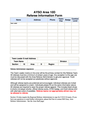 Fillable Online AYSO Area 10D Referee Information Form Fax Email Print ...