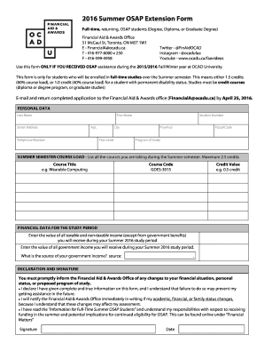 Fillable Online 2016 Summer Full-time OSAP Extension Form Fax Email ...