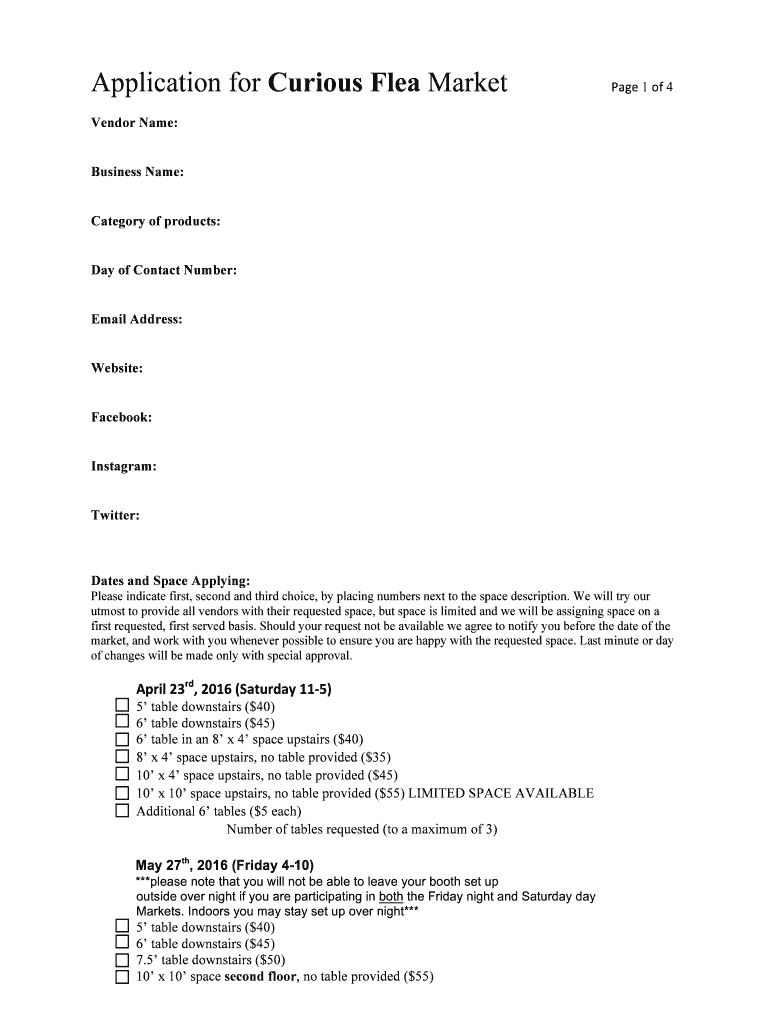 Fillable Online rivermarket Application for Curious Flea Market Fax ...