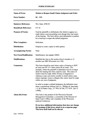Fillable Online FORM SUMMARY Name of Form Motion to Reopen Small Claims ...
