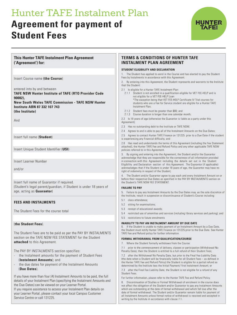 Fillable Online hunter tafensw edu Hunter TAFE Instalment Plan Agreement for payment of Fax ...