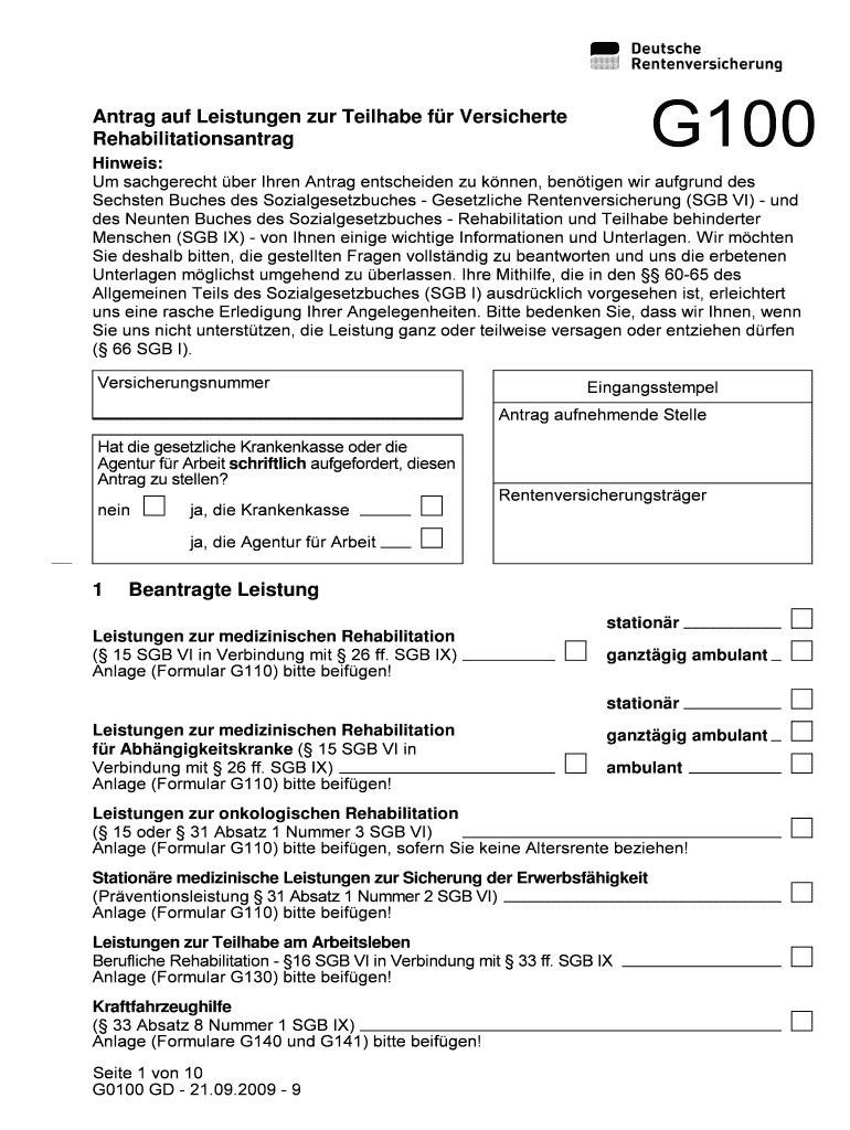 Ausfüllbar Online friedehorst G100 Internetformular "Deutsche Rentenversicherung". Grodruck ...