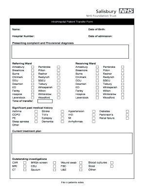 Fillable Online icid salisbury nhs Intrahospital Patient Transfer Form ...