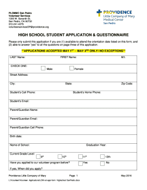 Fillable Online HIGH SCHOOL STUDENT APPLICATION QUESTIONNAIRE Fax Email Print - pdfFiller
