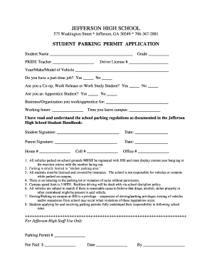 Fillable Online STUDENT PARKING PERMIT APPLICATION - Jefferson Fax ...