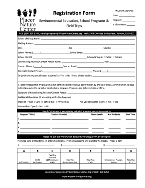 Fillable Online placernaturecenter Registration Form PNC Staff Use Only ...