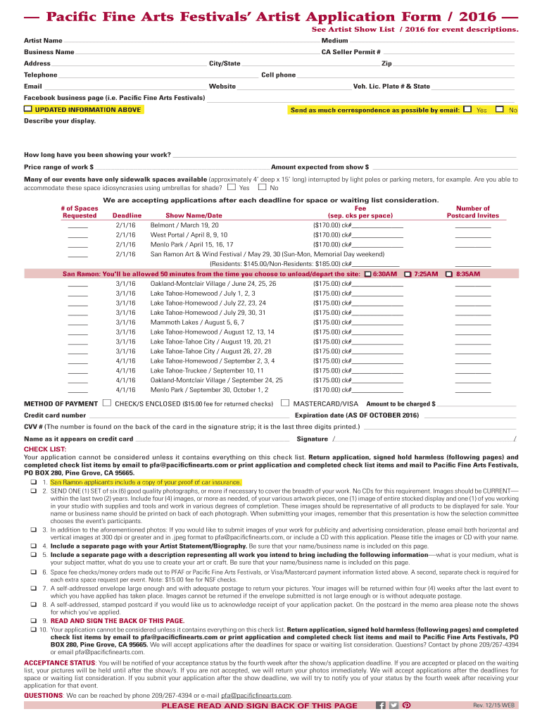 Fillable Online 2016 Artist General Show Application - Pacific Fine ...