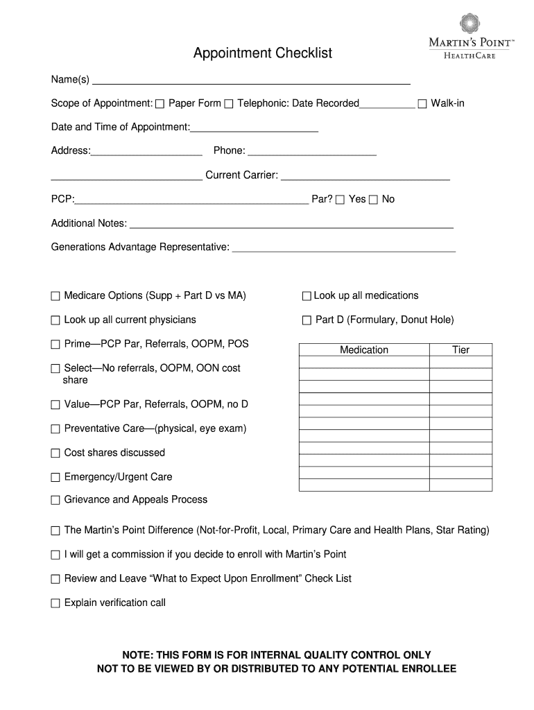 Fillable Online Appointment Checklist - medicaremartinspointorg Fax ...