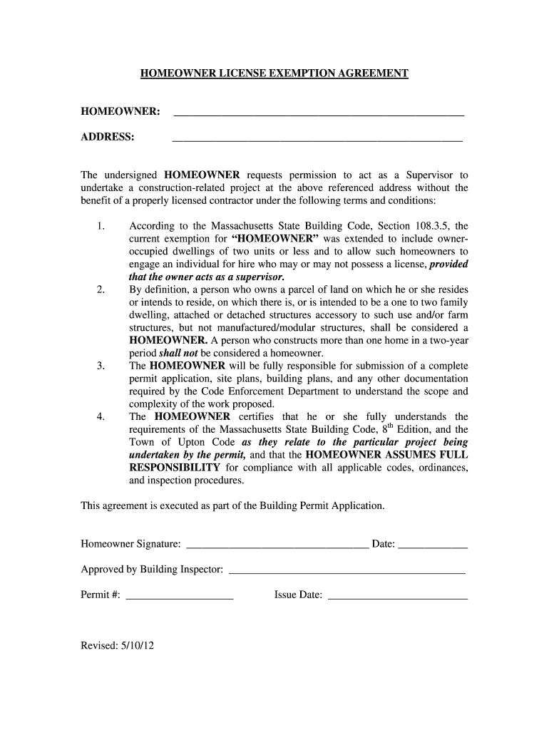 Fillable Online HOMEOWNER LICENSE EXEMPTION AGREEMENT HOMEOWNER ...