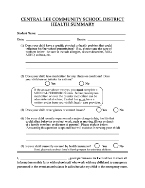 Fillable Online centrallee Health Summary Form - centralleeorg Fax ...