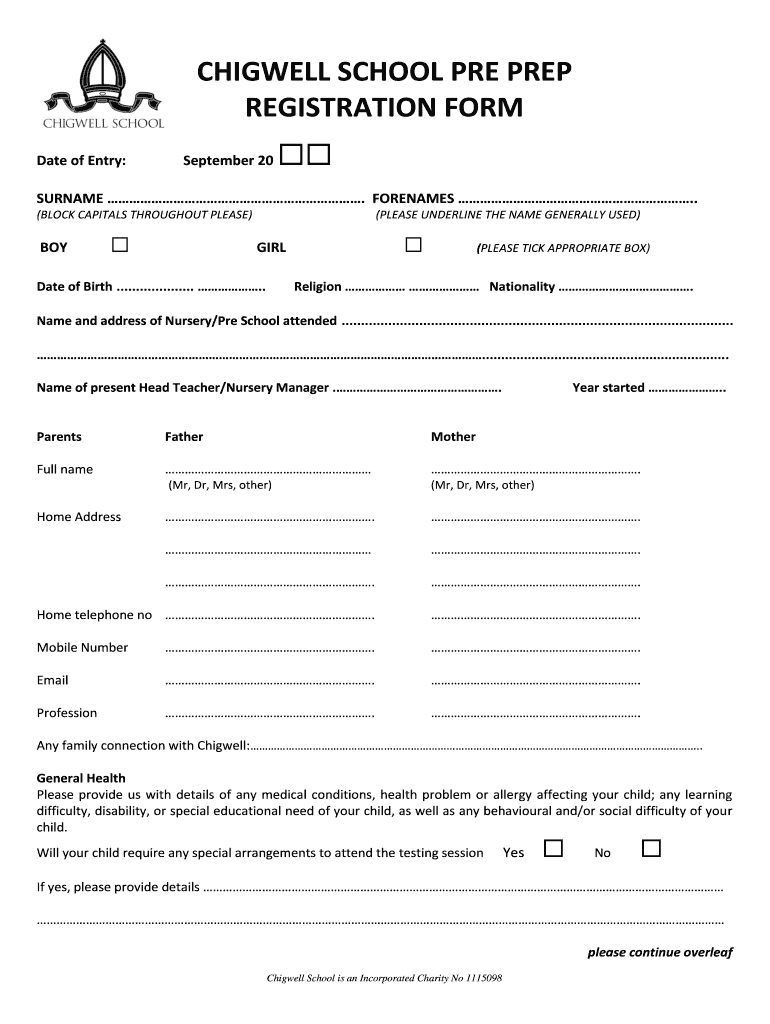 Fillable Online chigwell-school CHIGWELL SCHOOL PRE PREP REGISTRATION ...
