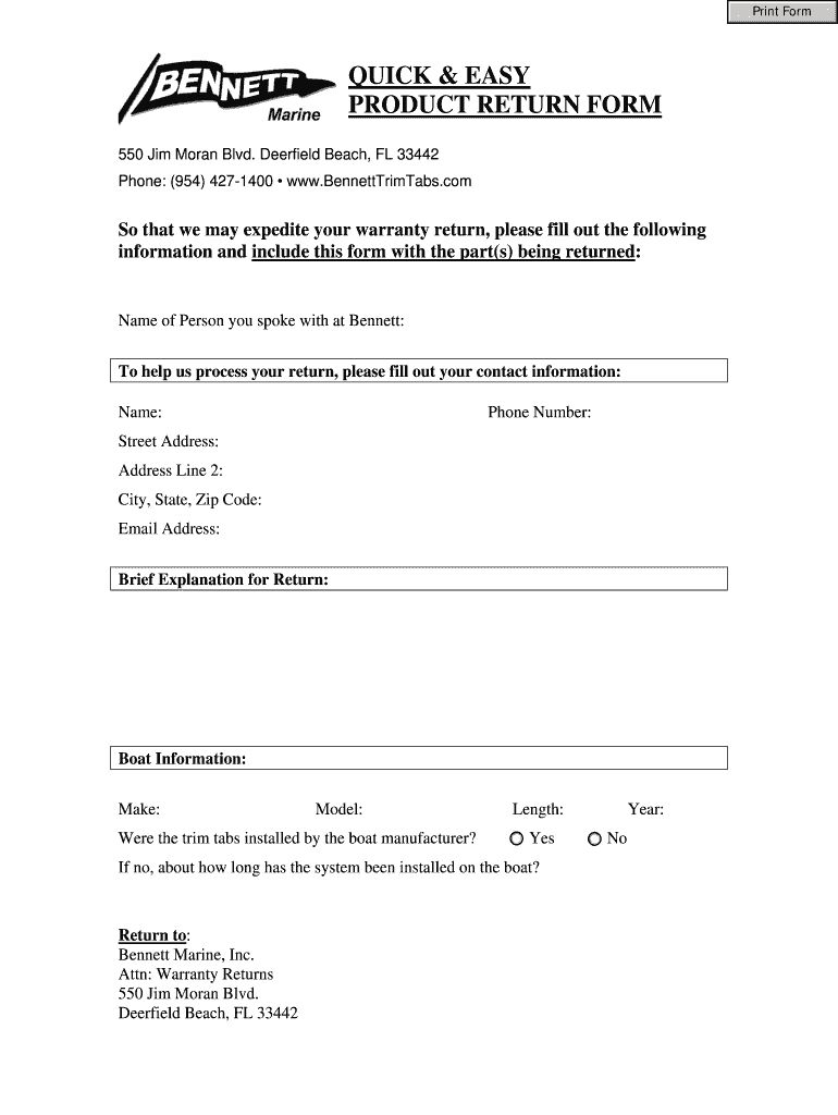 Fillable Online QUICK amp EASY PRODUCT RETURN FORM - Bennett Marine Fax ...