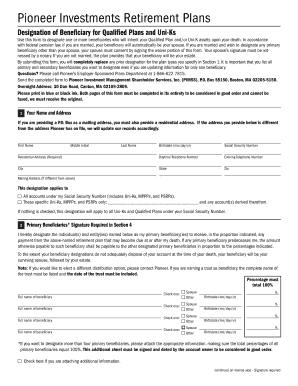 Fillable Online Pioneer Investments Retirement Plans Designation of ...