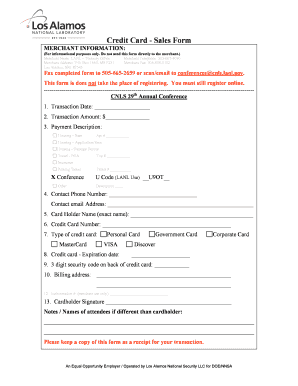 Fillable Online cnls lanl Credit Card Sales Form MERCHANT INFORMATION ...