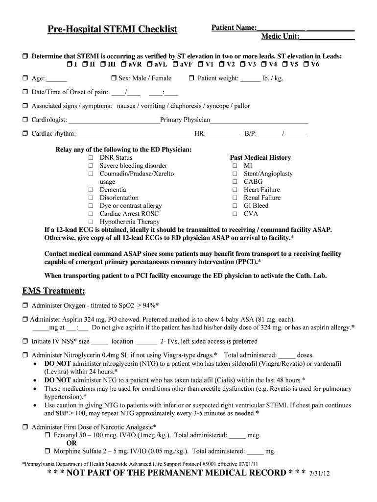 Fillable Online STEMI checklist 7-31-12 - Chester County EMS Council ...