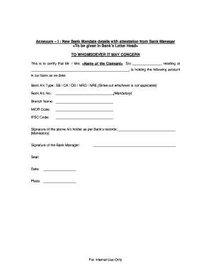 Fillable Online Annexure I - Bank Mandate - Bank Attestation Fax Email ...