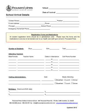 Fillable Online School Arrival Details bFillableb PDF - Thousand Pines ...