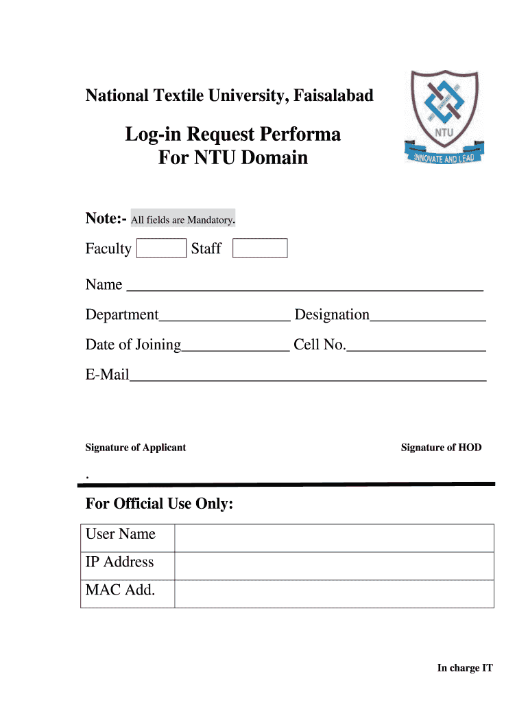 Fillable Online ntu edu Log -in Request Performa For NTU Domain - ntu ...