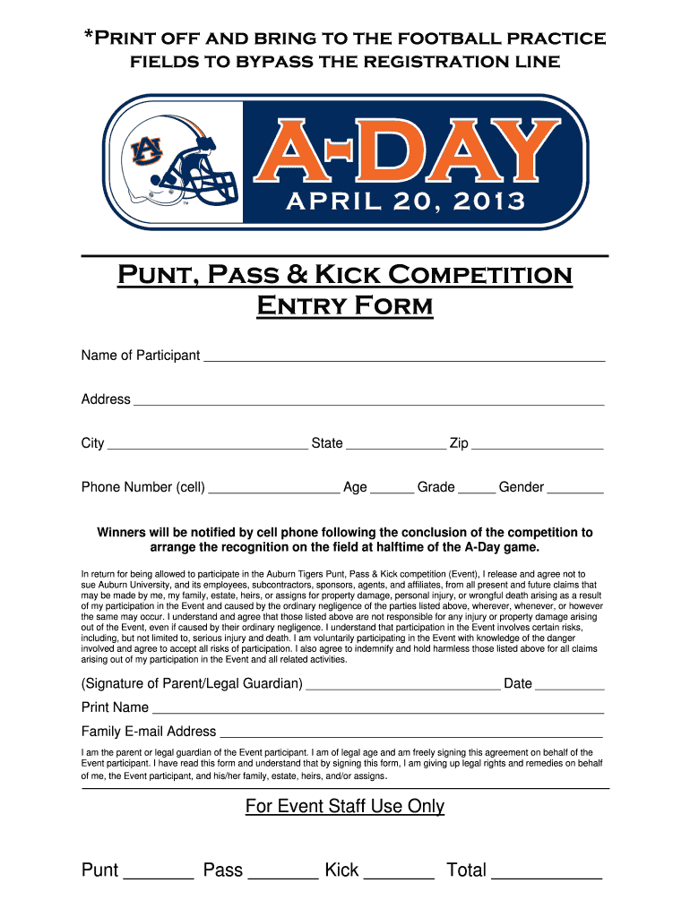 Fillable Online Punt Pass amp Kick Competition Entry Form Fax Email ...