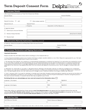 Fillable Online Term Deposit Consent Form - Delphi Bank Fax Email Print ...
