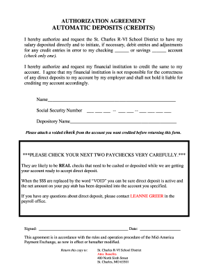Fillable Online stcharles1 schoolwires AUTHORIZATION AGREEMENT AUTOMATIC DEPOSITS CREDITS ...