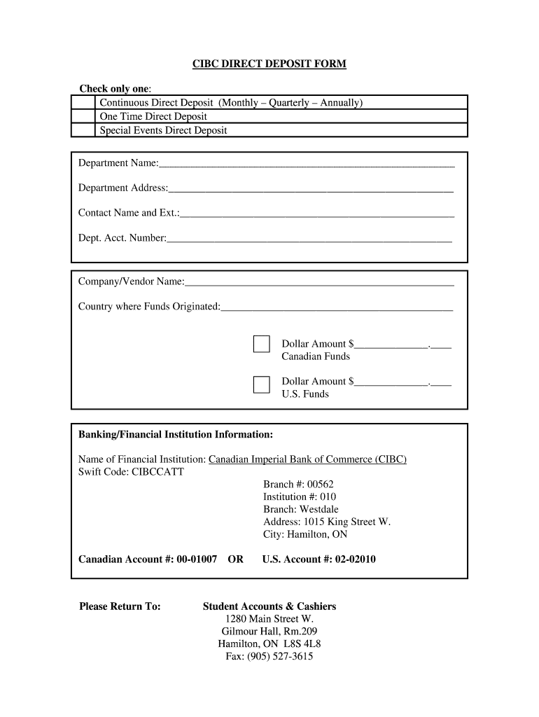 Fillable Online mcmaster CIBC DIRECT DEPOSIT FORM Check only one ...