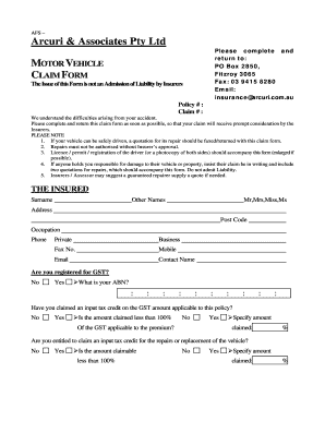 Fillable Online Motor Vehicle Claim FormPDF Fax Email Print - pdfFiller