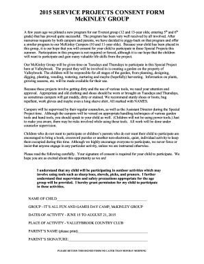 Fillable Online 2015 SERVICE PROJECTS CONSENT FORM McKINLEY GROUP Fax ...