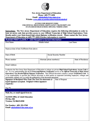 Fillable Online state nj Access Code Request Form for Official High ...