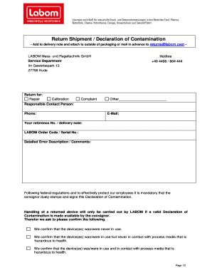 Fillable Online Return Shipment Declaration of Contamination Fax Email ...
