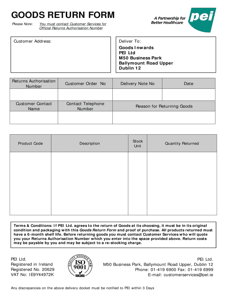 Fillable Online GOODS RETURN FORM Fax Email Print - pdfFiller