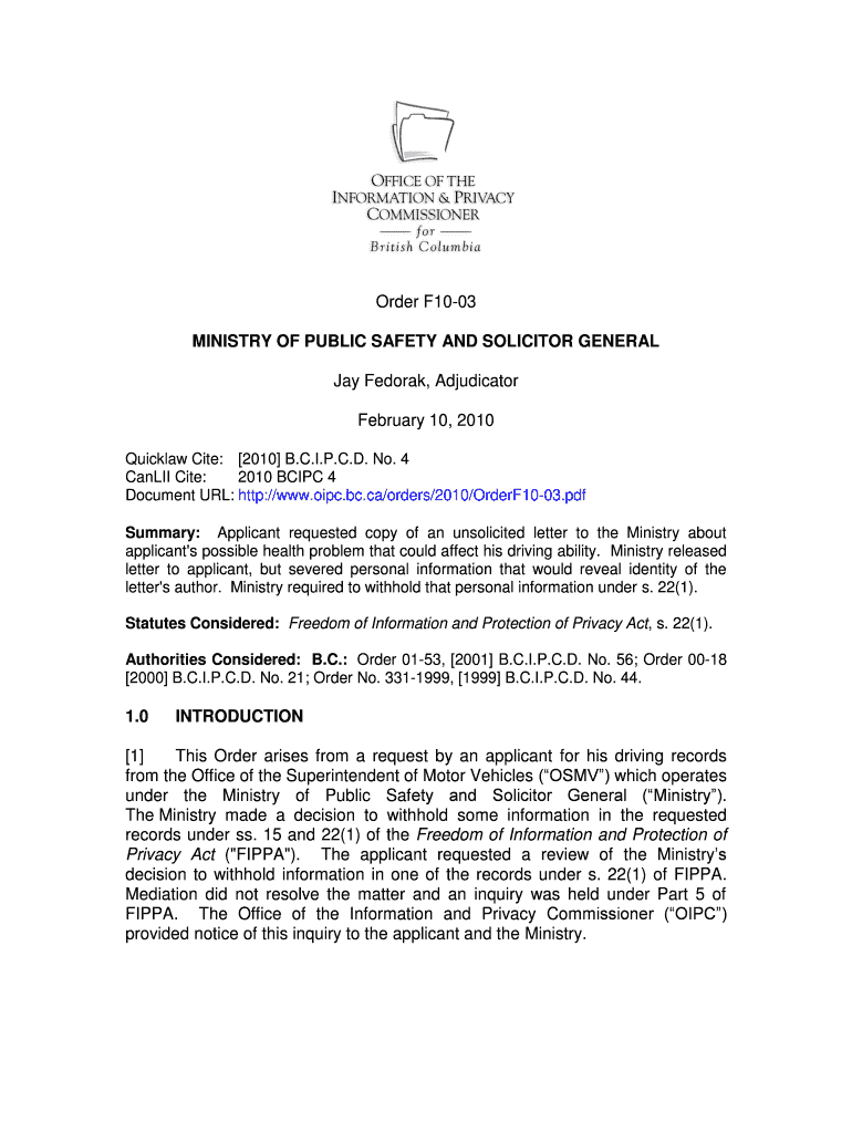 Fillable Online oipc bc Order F1003 Fax Email Print - pdfFiller