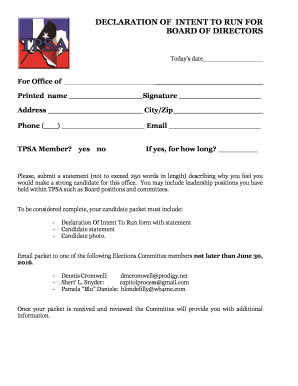 Fillable Online DECLARATION OF INTENT TO RUN FOR BOARD OF DIRECTORS Fax ...