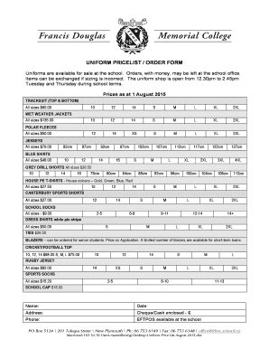 Fillable Online UNIFORM PRICELIST / ORDER FORM Uniforms are available ...