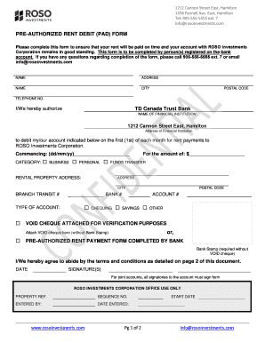 Fillable Online PRE-AUTHORIZED RENT DEBIT PAD FORM - ROSO Fax Email ...