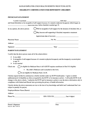 Fillable Online eutf hawaii DISABILITY CERTIFICATION FOR DEPENDENT ...