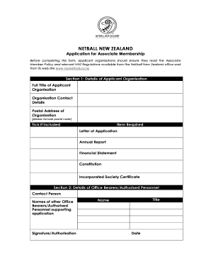 Fillable Online NETBALL NEW ZEALAND Application for Associate ...