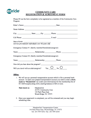 Fillable Online ezride COMMUNITY CARS REGISTRATION AGREEMENT FORM Fax ...