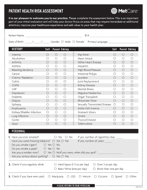 Fillable Online PATIENT HEALTH RISK ASSESSMENT - MetCare Fax Email ...