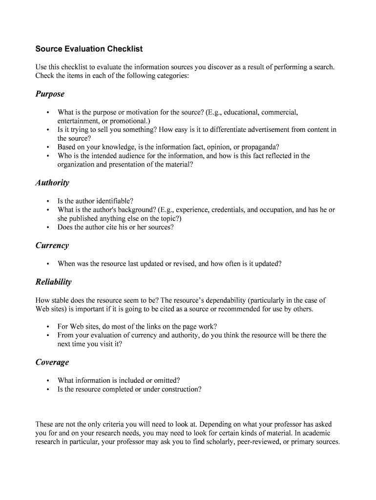 Fillable Online Source Evaluation Checklist Fax Email Print - pdfFiller