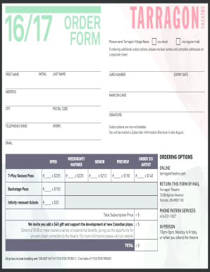 Fillable Online Order bformb - Tarragon Theatre Fax Email Print - pdfFiller