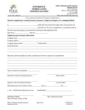 Fillable Online EXPERIENCE VERIFICATION 330 W Church St CERTIFICATATION ...