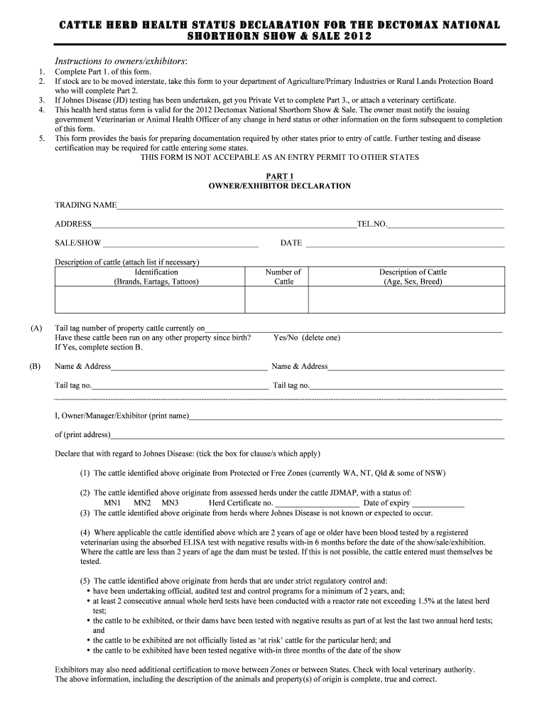 Fillable Online CATTLE HERD HEALTH STATUS DECLARATION FOR THE DECTOMAX ...