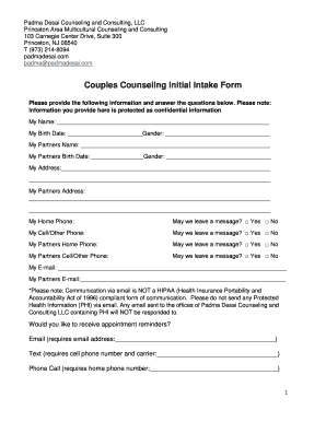 Fillable Online Couples Counseling Initial Intake Form - Padma Desai ...