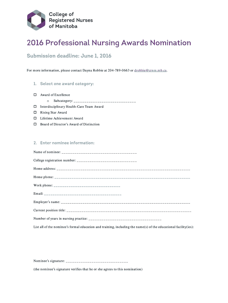 Fillable Online crnm mb 2016 Professional Nursing Awards Nomination ...