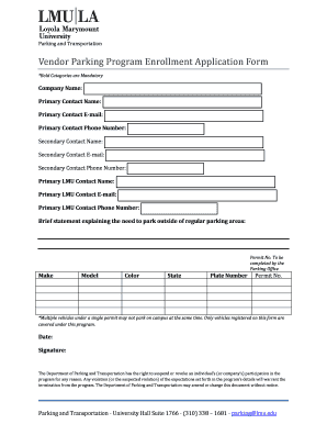 Fillable Online Vendor Parking Program Enrollment Application Form Fax ...