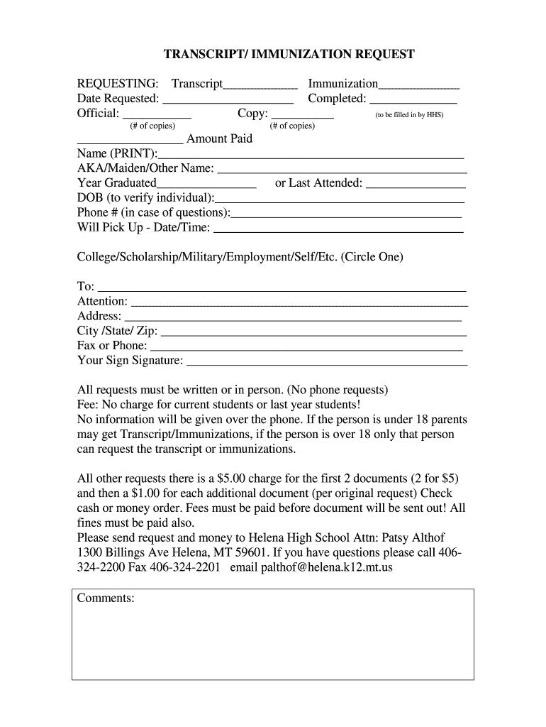Fillable Online hhs helenaschools TRANSCRIPT IMMUNIZATION REQUEST - hhs helenaschools Fax Email ...