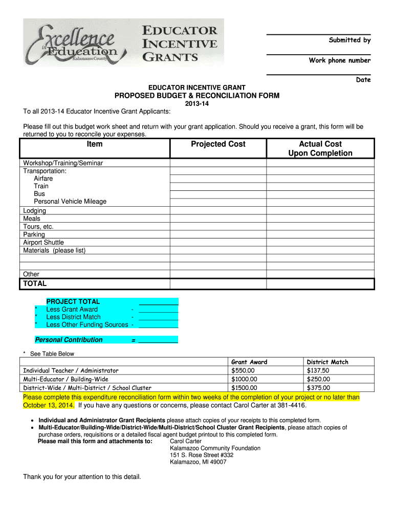 Fillable Online kresa PROPOSED BUDGET & RECONCILIATION FORM Fax Email ...